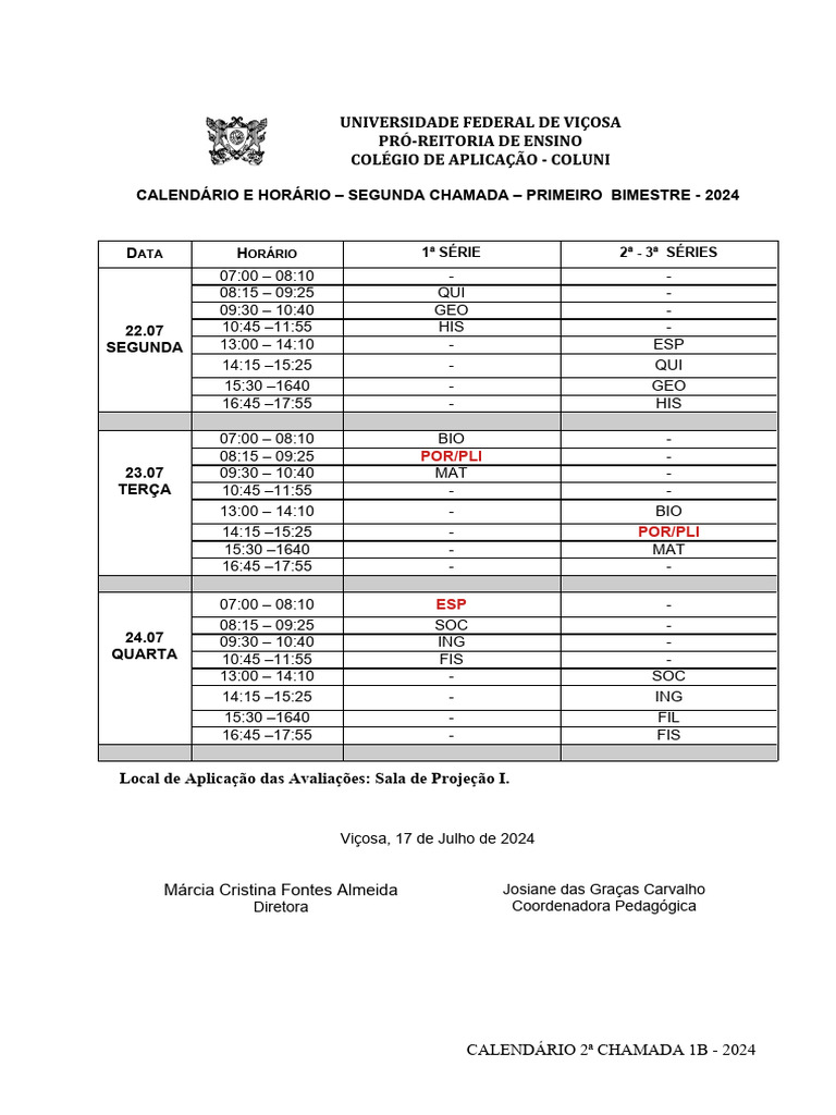 CALENDARIO 2a CHAMADA 1 BIMESTRE 2024 2 | PDF