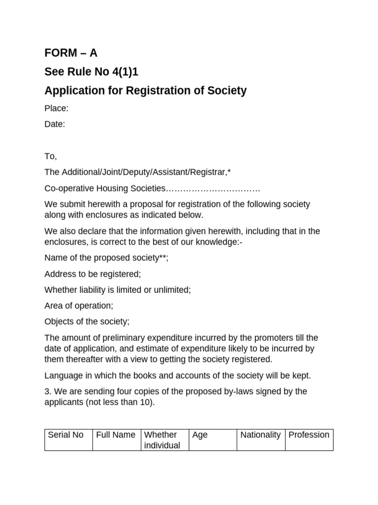 Application For Registration of Society | PDF