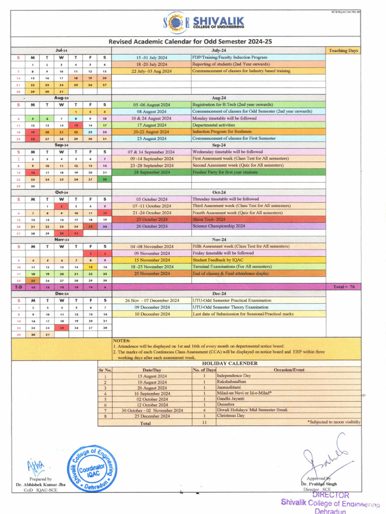 Revised Academic Calendar For Odd Semester 2024-25 | PDF