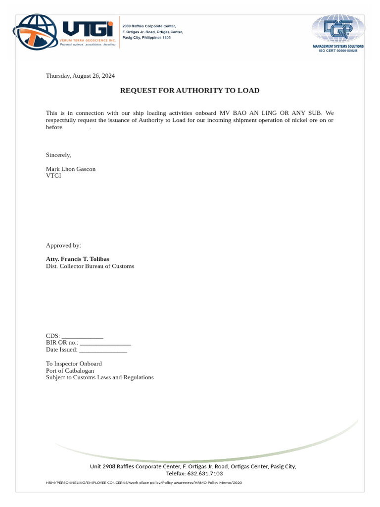 Authority To Load | PDF