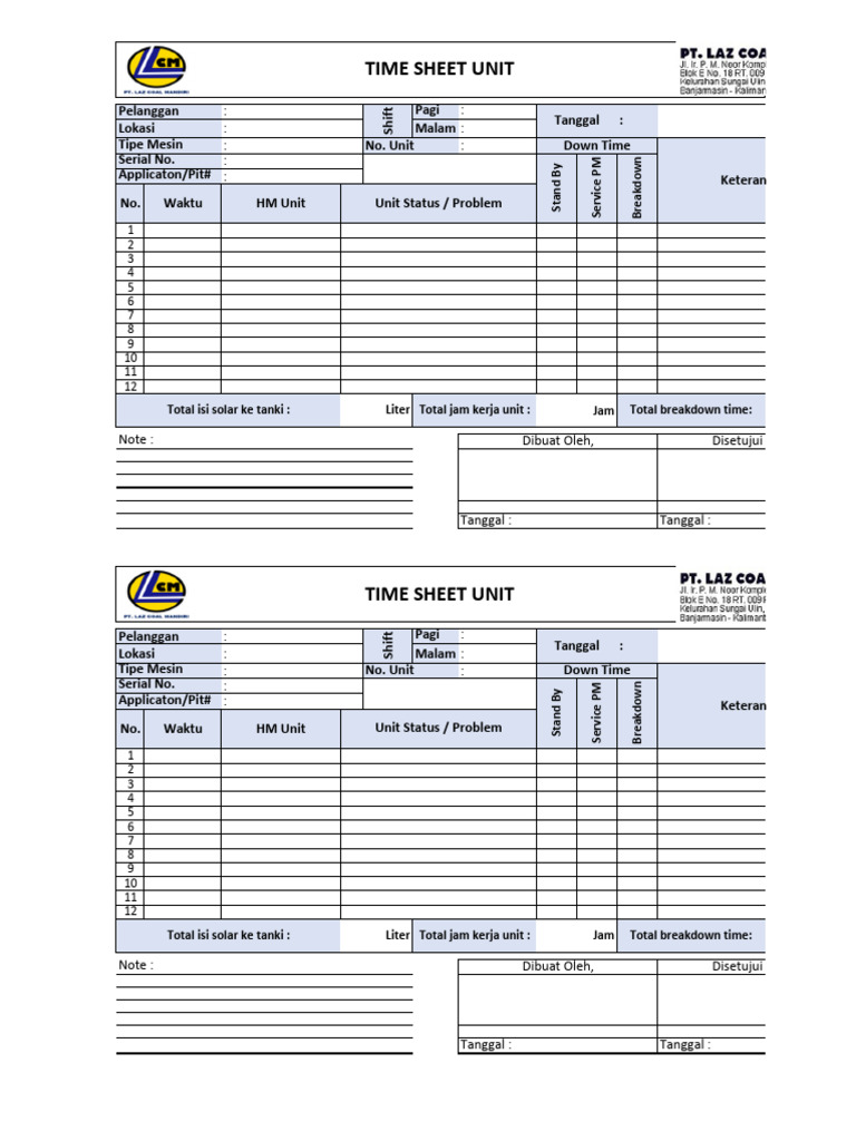 Template Time Sheet Pompa | PDF