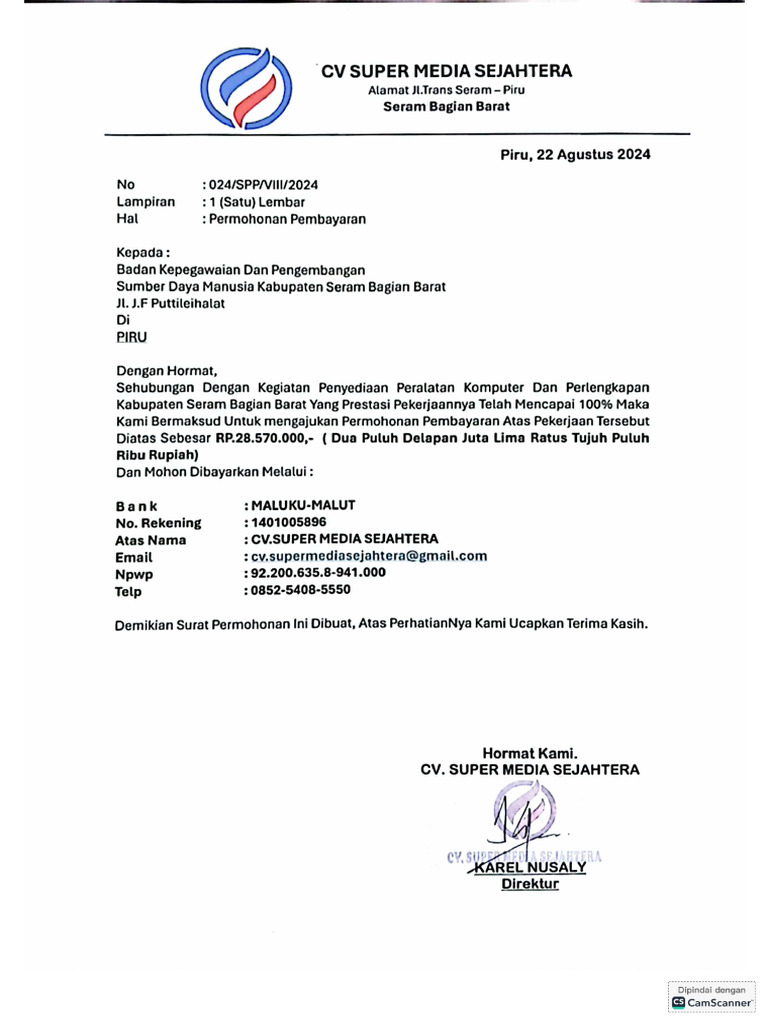 Surat Permohonan Pembayaran (Badan Kepegawaian Dan Penyembangan SDM) | PDF