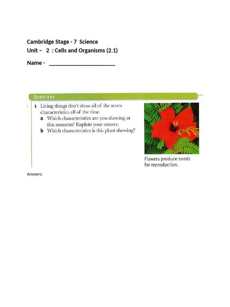 Bio Unit2 (2.1 Cell & Organisms) Worksheet g7 | PDF