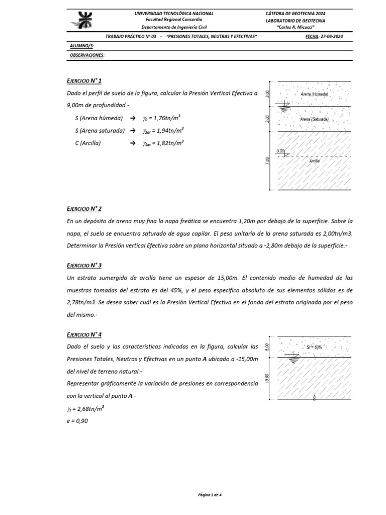 Guía TP #03 - Presiones Totales, Neutras y Efectivas (27-04-24) | PDF