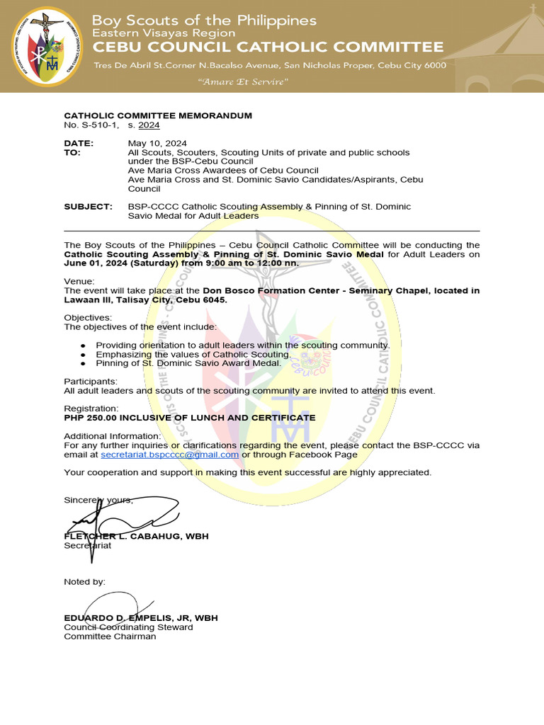 2024 05 10 MEMO BSP CCCC Catholic Scouting Assembly Pinning of St. Dominic Savio Medal For Adult ...