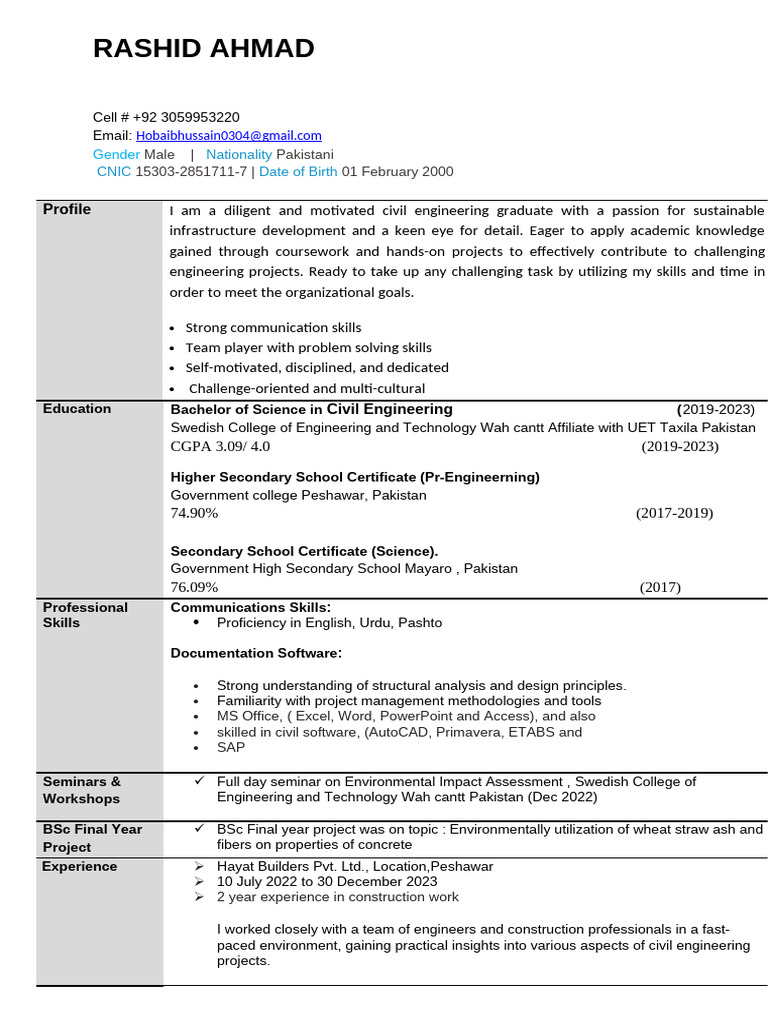 Rashid Ahmad CV (1) Update 2024 | PDF | Engineering | Civil Engineering