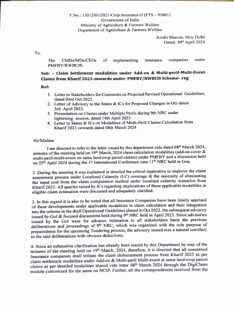 Letter ICs Multi Peril Claims 30april24 | PDF