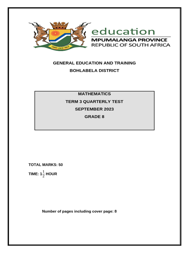 MATHEMATICS GRADE 8 TERM 3 2023 TEST-1 | PDF