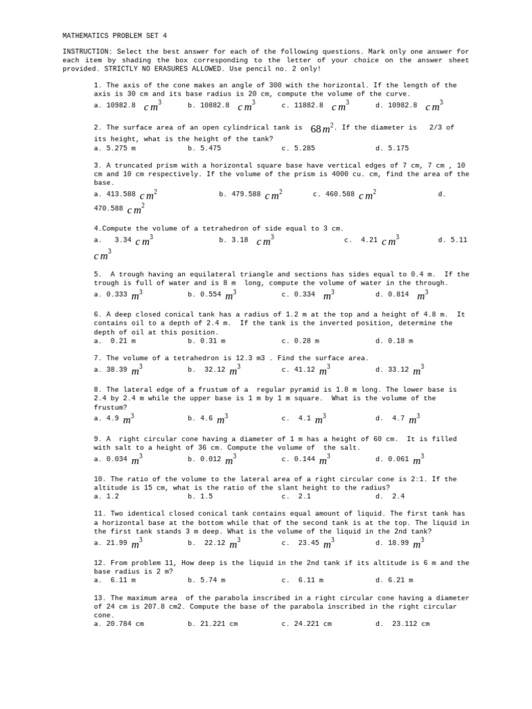 Mathematics Problem Set 4 | PDF | Sphere | Home & Garden