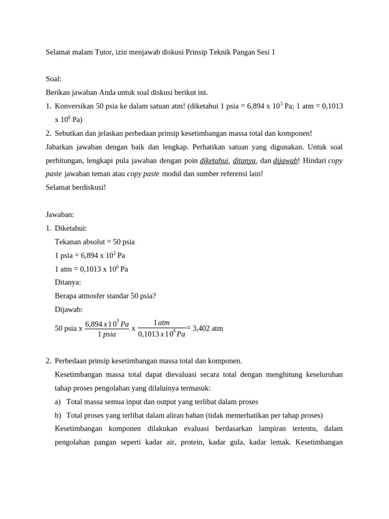 Diskusi Prinsip Teknik Pangan | PDF