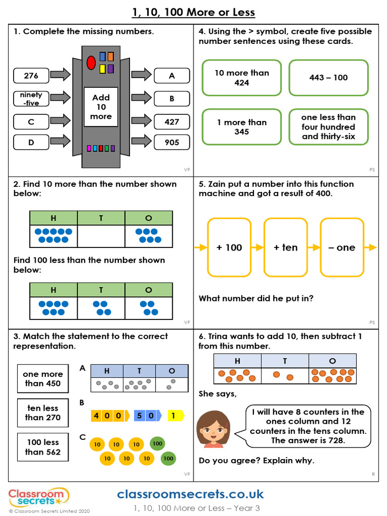 Year 3 1 10 100 More or Less Maths Recovery Main Activity | PDF