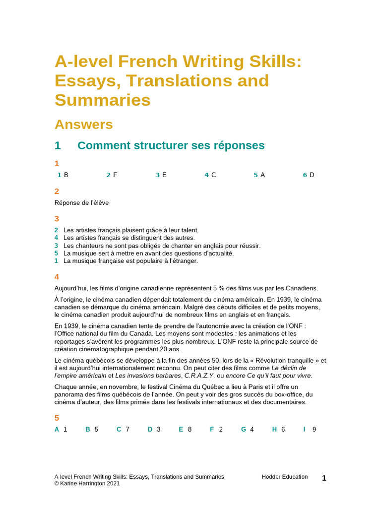 A Level French Writing Skills WB Answers | PDF