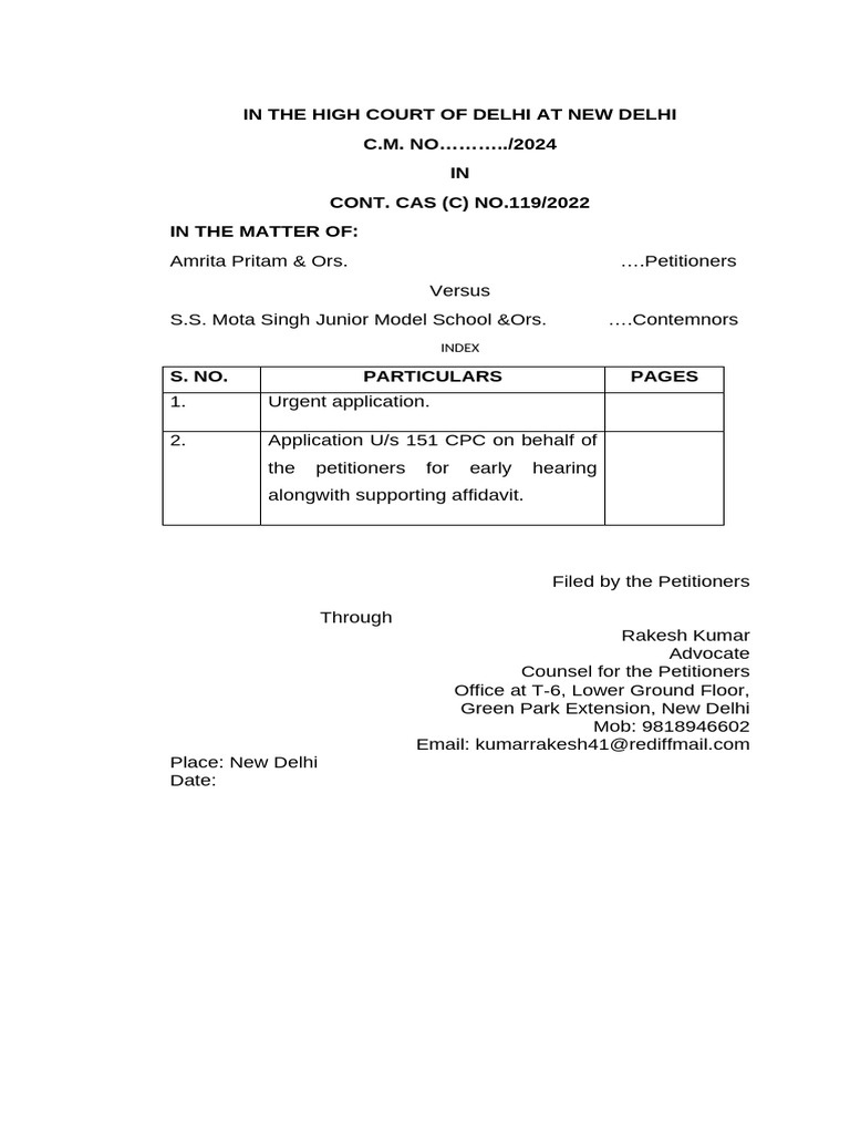 SS Mota Contempt Case Early Hearing Application | PDF