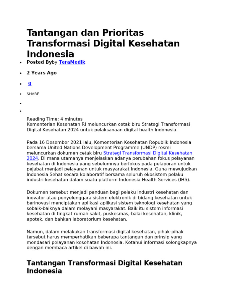 Tantangan Dan Prioritas Transformasi Digital Kesehatan Indonesia | PDF