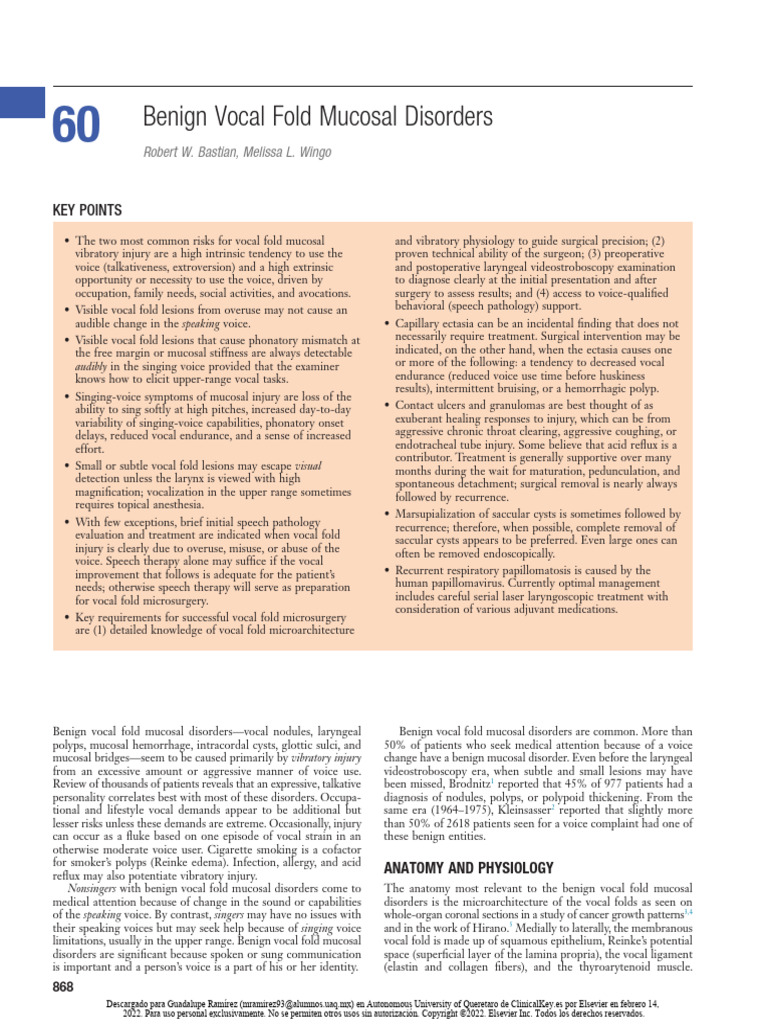 Benign Vocal Fold Mucosal Disorders: Key Points | PDF