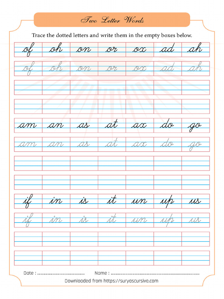 Cursive Two Letter Words Worksheet | PDF
