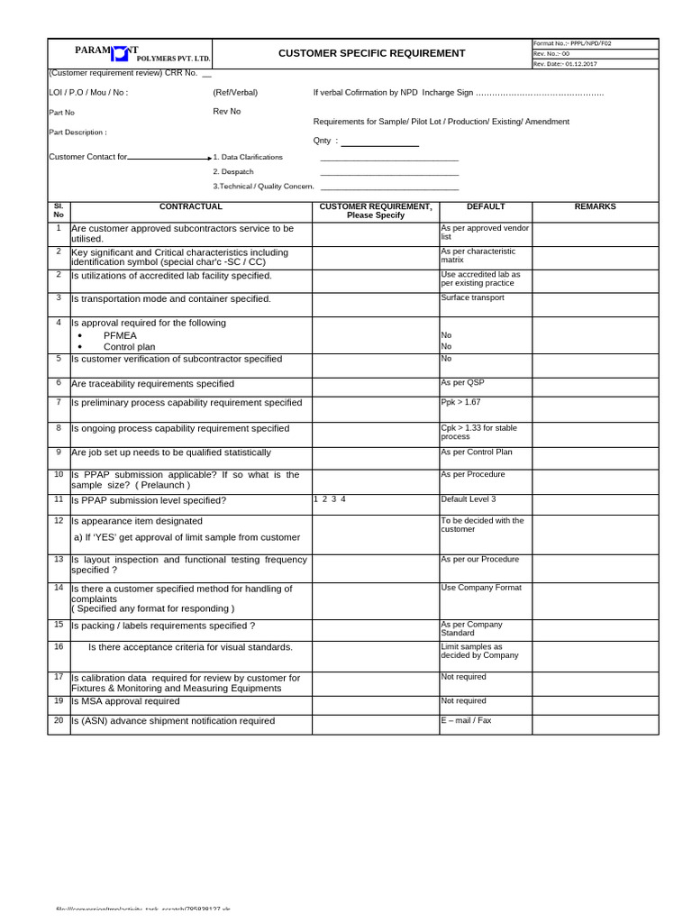 F02-NPD-WPPL-Customer Specific Requirements | PDF