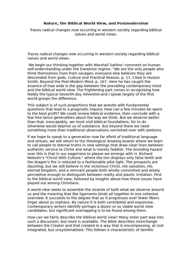 Nature, The Biblical World View, and Postmodernism | PDF