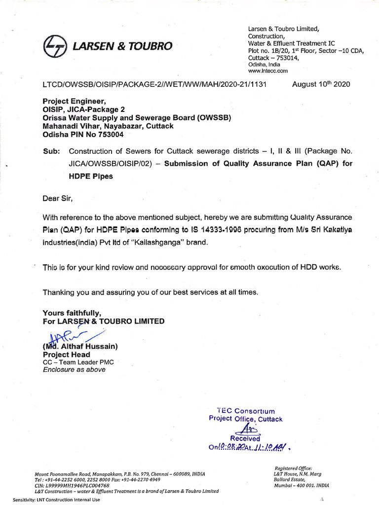 LNT 02-1131 Submission of Quality Assurance Plan QAP For HDPE Pipes | PDF
