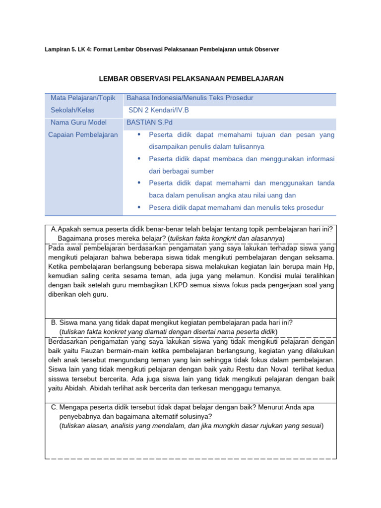 LAMPIRAN 5. LK 4 Format Lembar Observasi Pelaksanaan Pembelajaran Untuk Observer | PDF