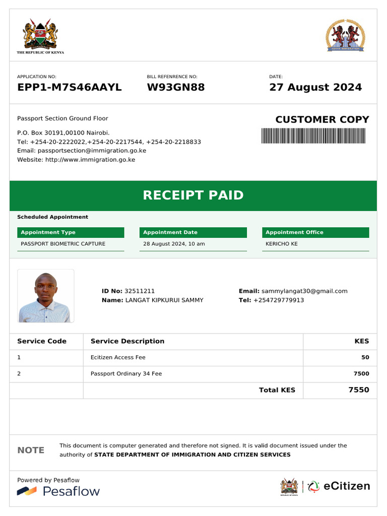 Epp1 M7s46aayl Immigration Receipt | PDF