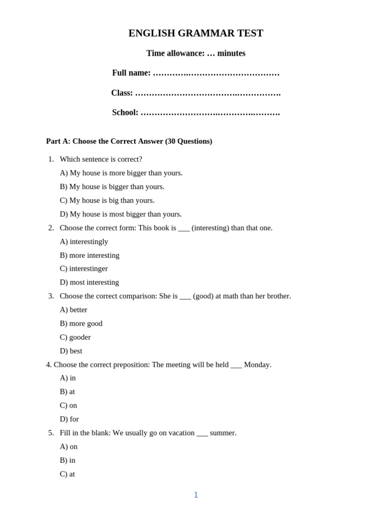 English Grammar Test | PDF