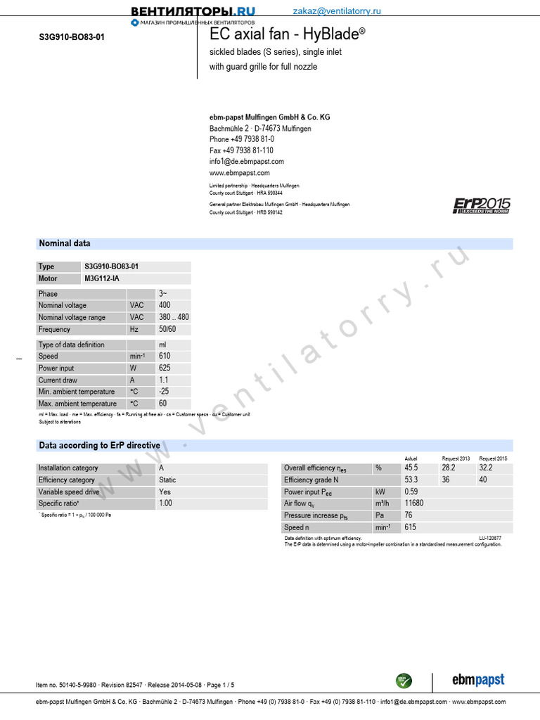 Downloadsebmpapstdatasheets3g910 Bo83 01 en Datasheet Ebmpapst PDF | PDF