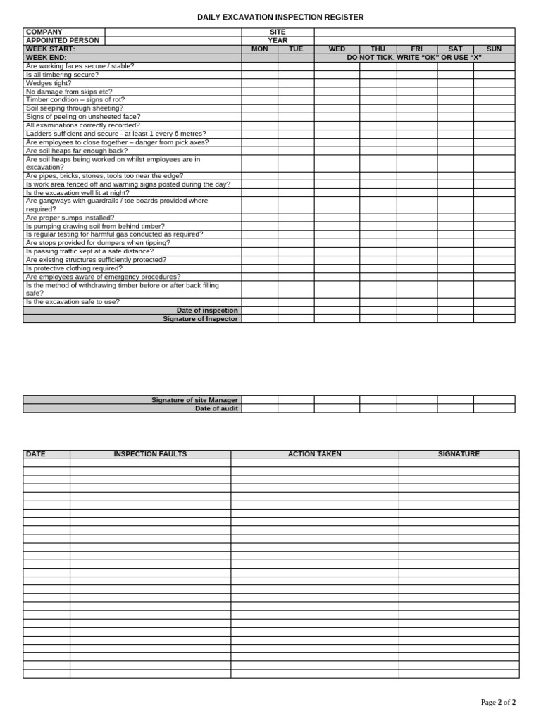 Excavation Inspection Register | PDF