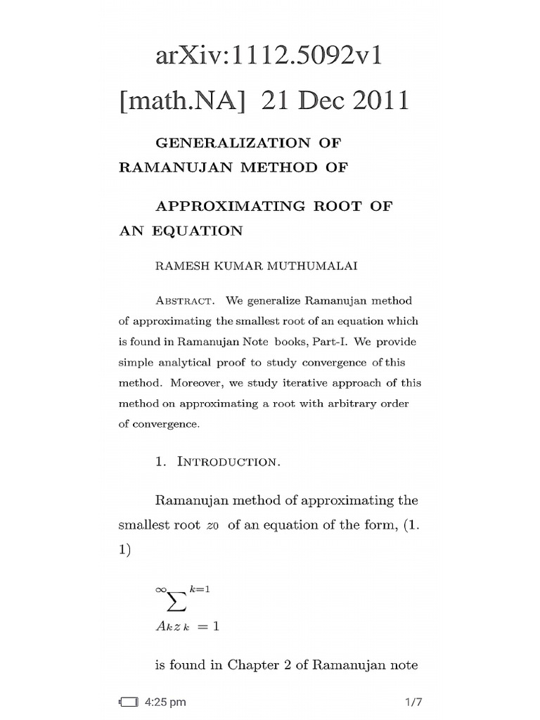 Ramanujan Method of Approximate Root of An Equation Volume - 1 | PDF