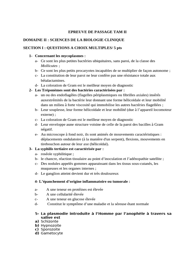 Domaine 2 Sciences de La Biologie Clinique EPREUVE DE PASSAGE TAM II ...