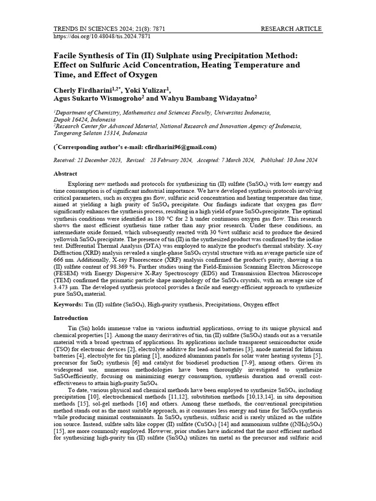 Facile Synthesis of Tin II Sulphate Using Precipit | PDF