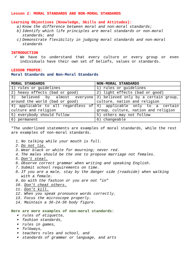 Lesson 2 Moral and Non Moral Standards | PDF