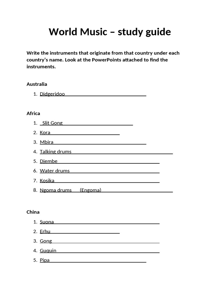 World Music Study Worksheet | PDF