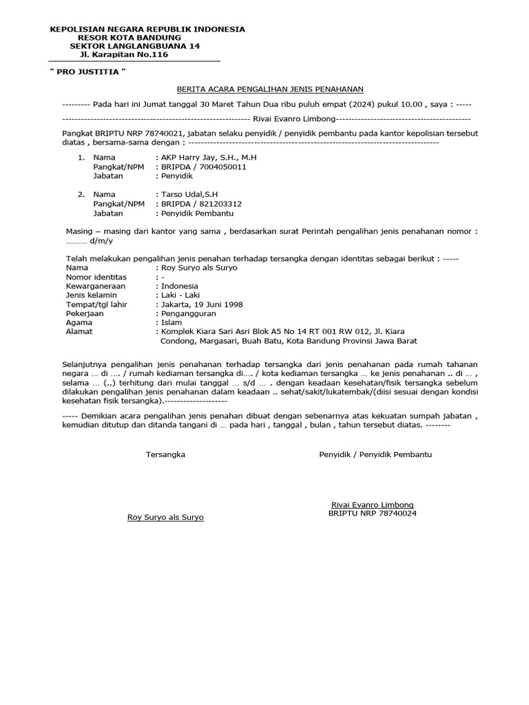 BERITA ACARA PENGALIHAN JENIS PENAHANAN 0024 Rivai | PDF