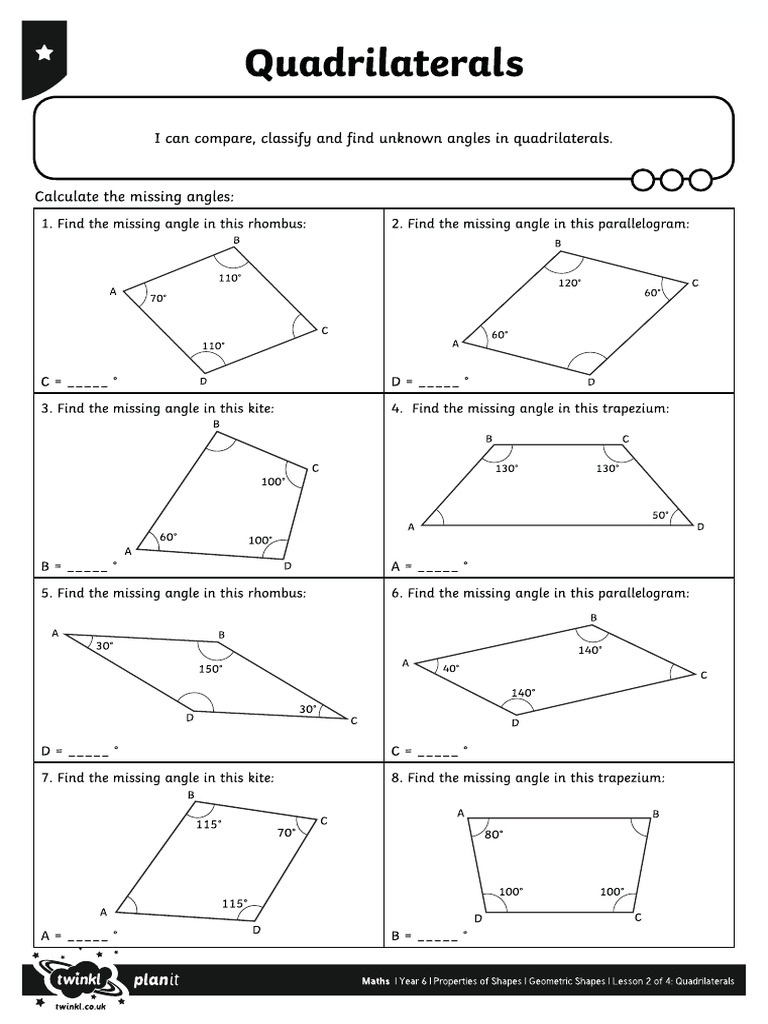 Differentiated Quadrilateral Missing Angles Activity Sheets | PDF