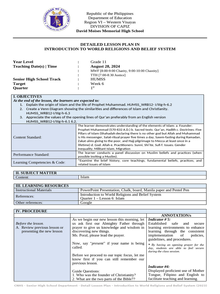 Detailed Lesson Plan in Introduction To World Religions and Belief ...