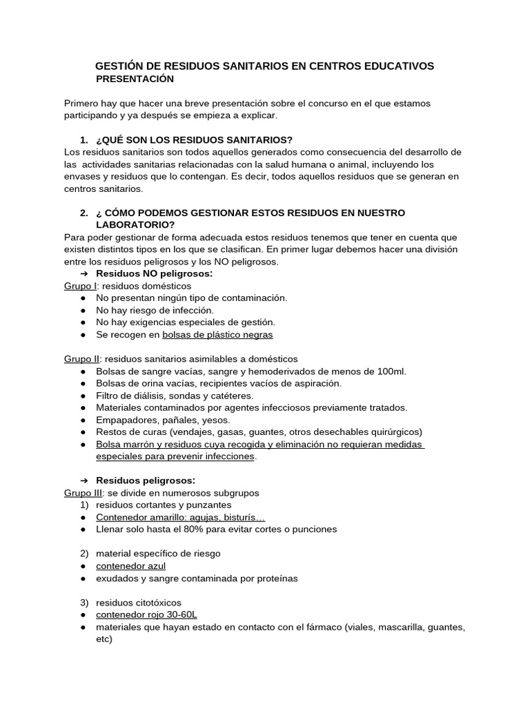 Gestiã N de Residuos Sanitarios en Centros Educativos | PDF