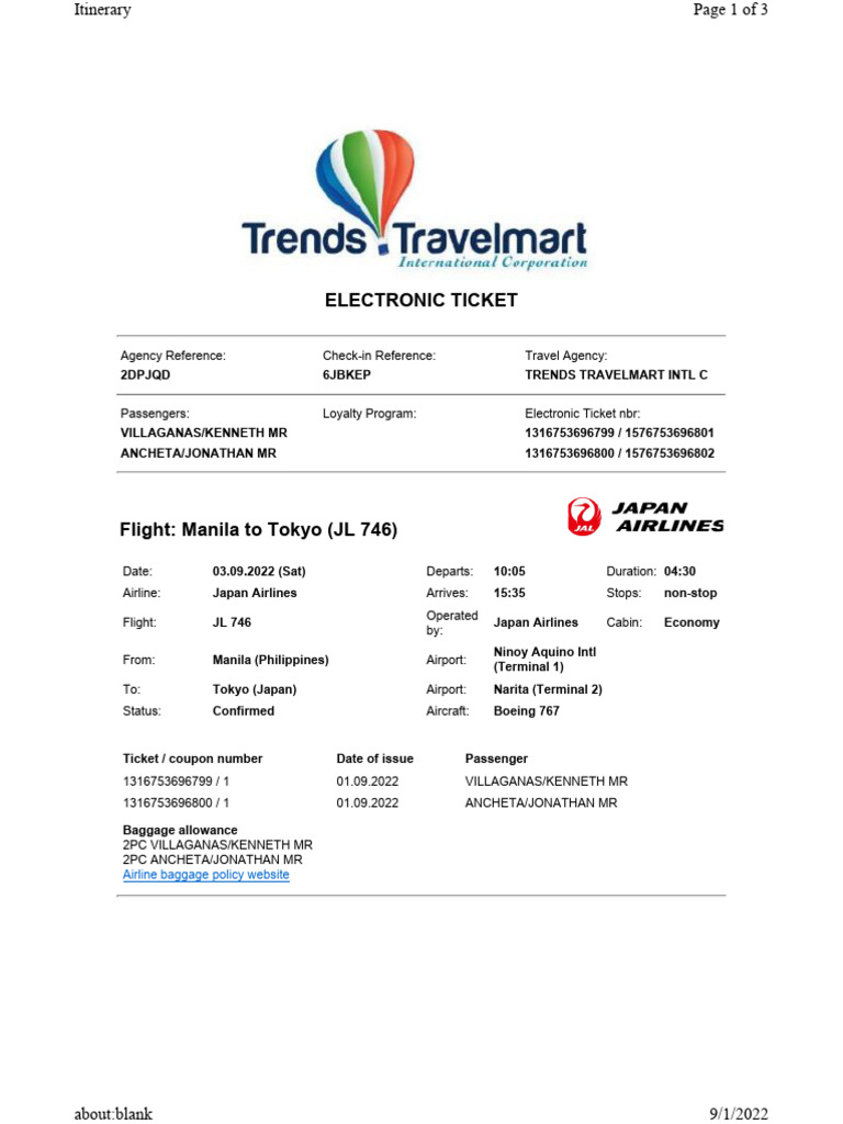 Etkt of Villaganas MR and Company JLQR | PDF