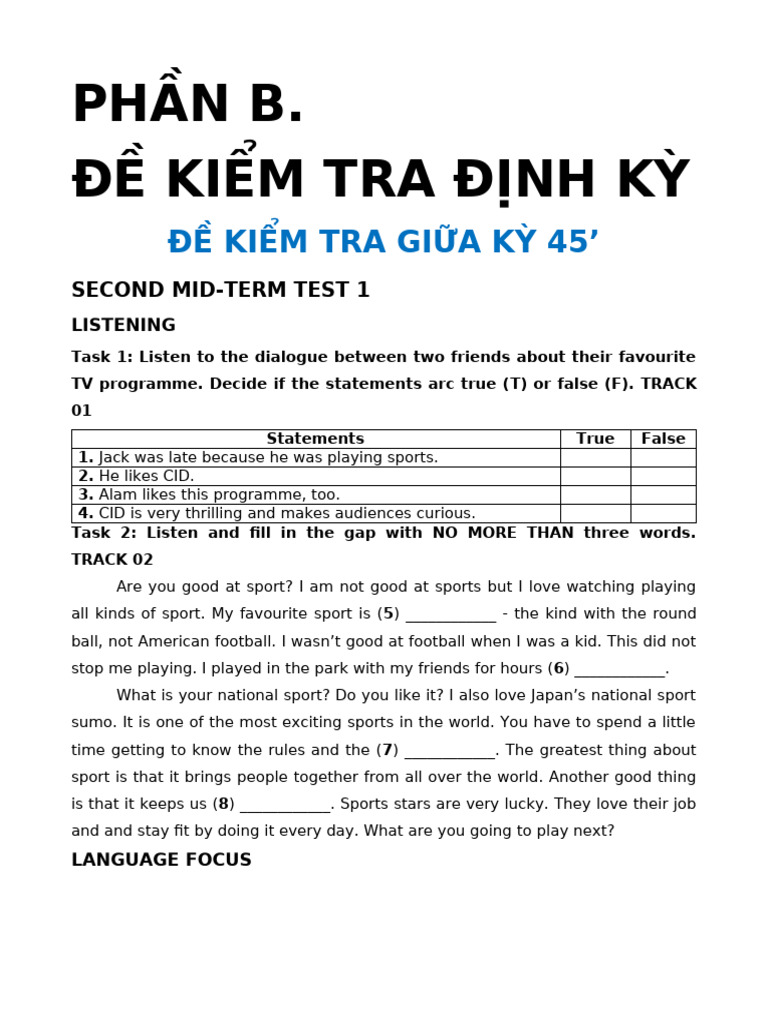 Bộ đề kiểm tra định kỳ 4 kỹ năng tiếng Anh lớp 6 tập 2-ĐỀ KIỂM TRA GIỮA KỲ | PDF