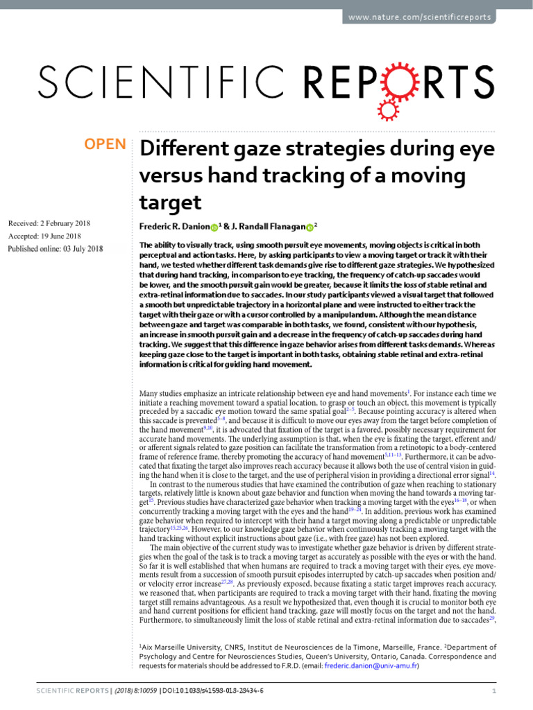 Different Gaze Strategies During Eye Versus Hand Tracking of A Moving ...