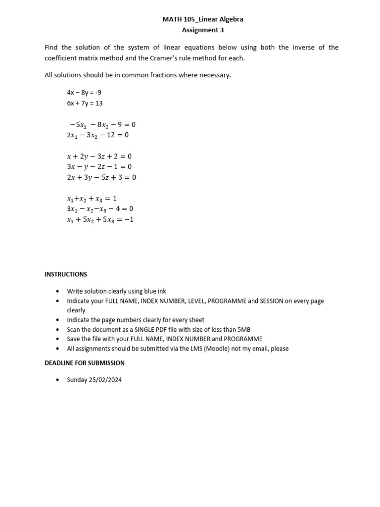 Assignment 3 - MATH 105 - Linear Algebra | PDF