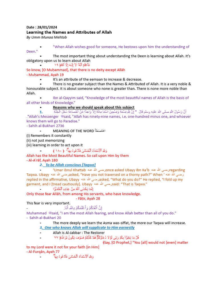 Learning The Names and Attributes of Allah - 28.1.24 | PDF