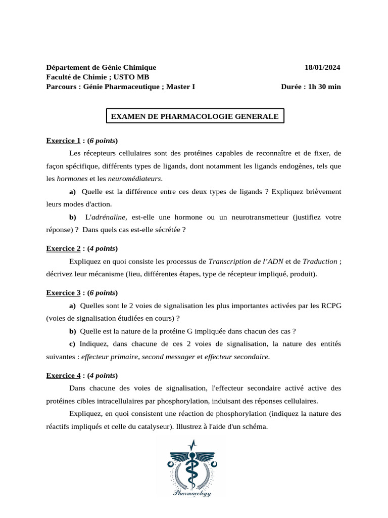 Sujet Dexamen Corrige - Pharmaco. Gen. - 2024 | PDF