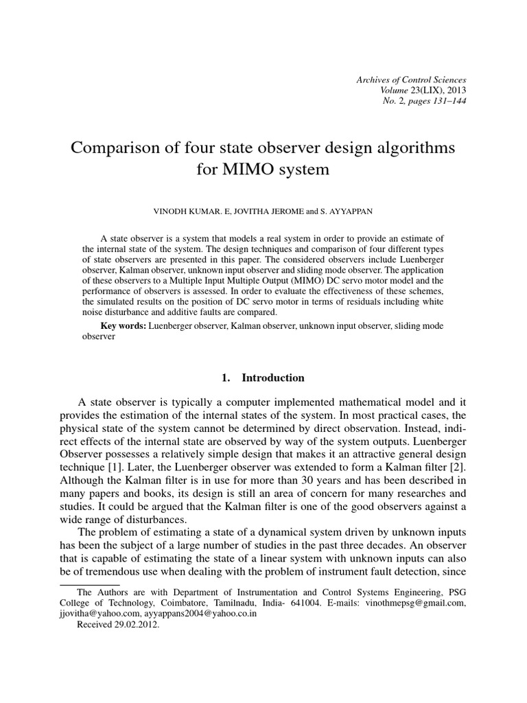 Comparison of Four State Observer Design Algorithms For MIMO System | PDF