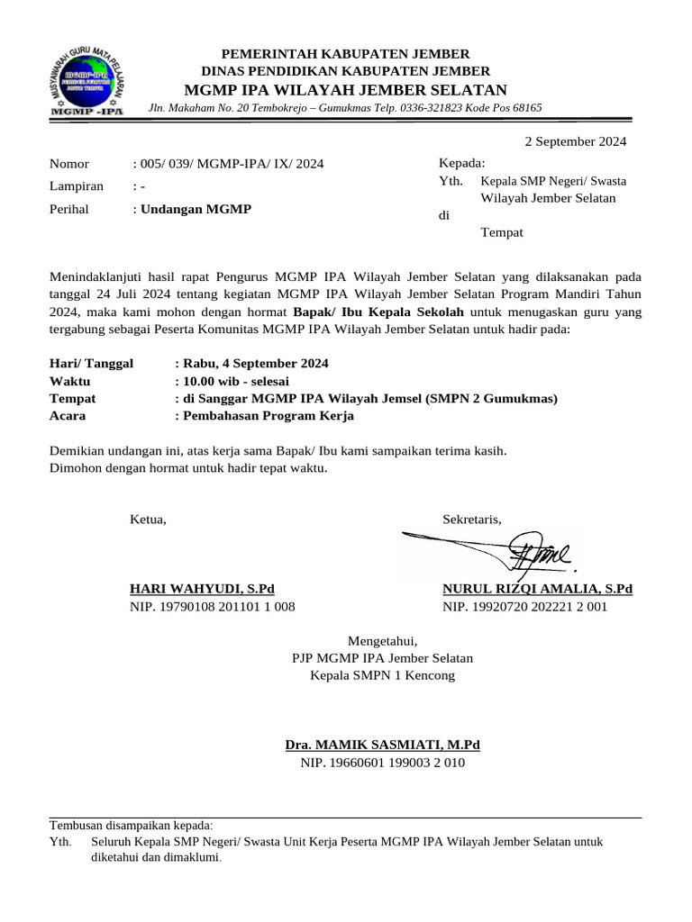 Undangan MGMP IPA Peserta Periode Juli-Desember 2024 | PDF