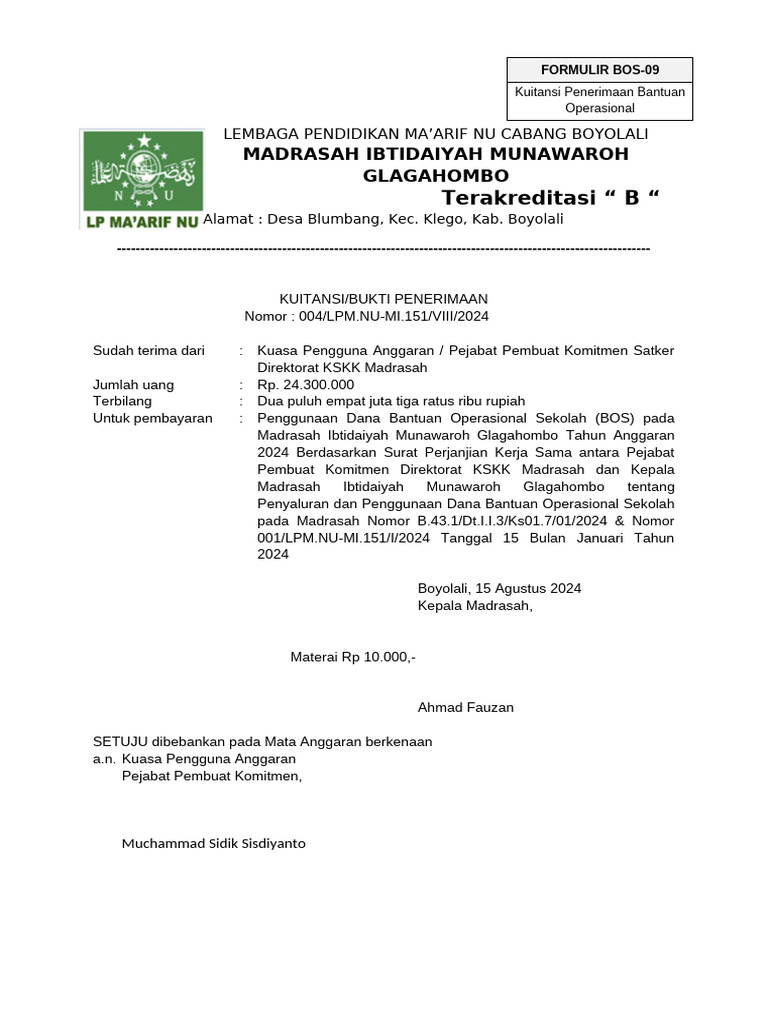 Kuitansi Penerimaan BOS 2024 | PDF