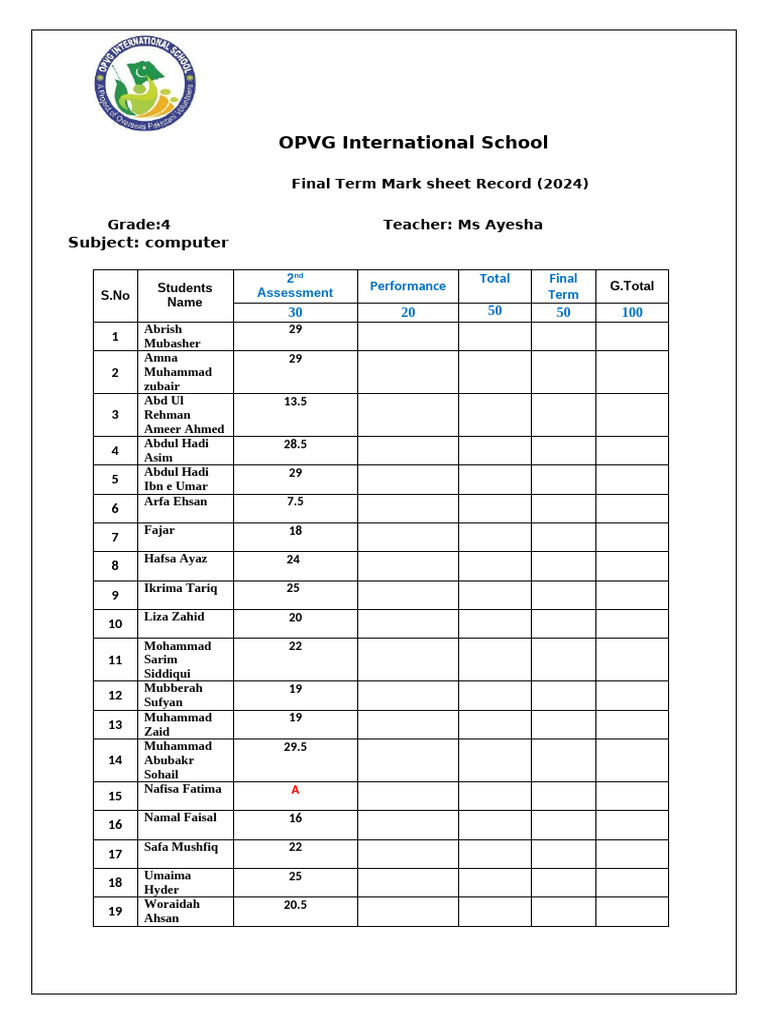 OPVG International School: Subject: Computer | PDF
