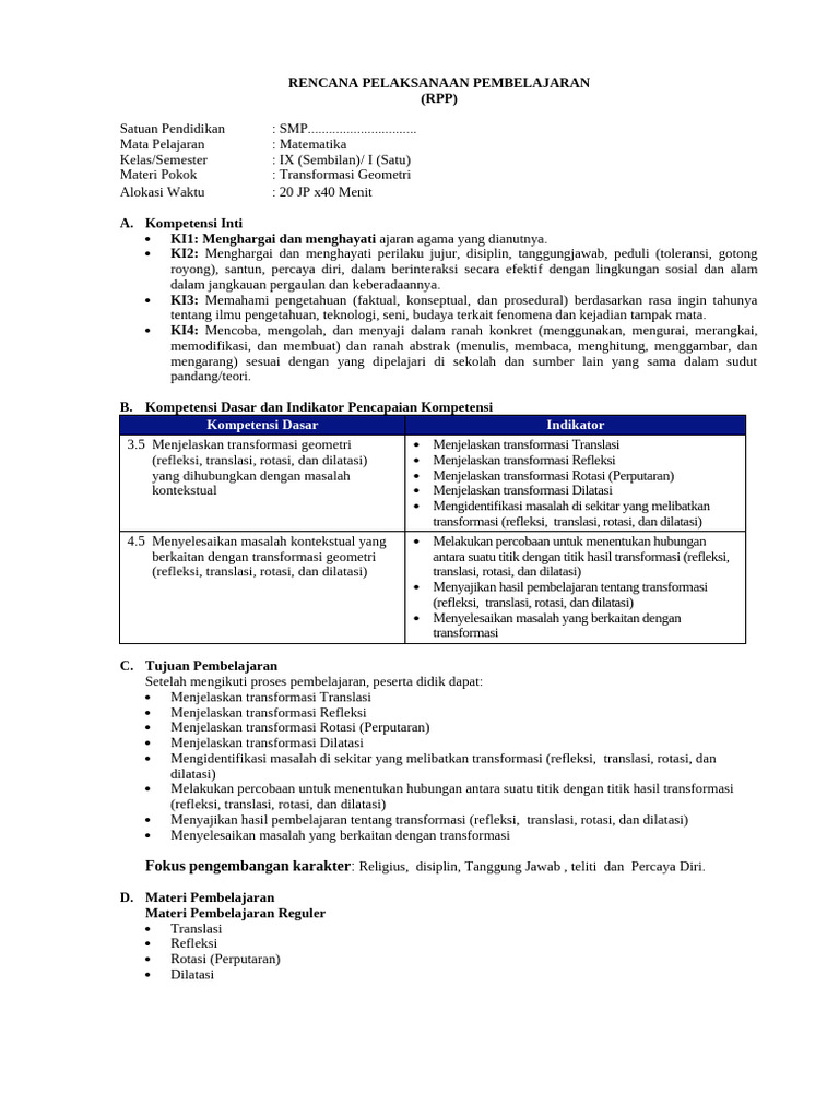 RPP KD 3.5 (Transformasi) Kls IX SMSTR 1 | PDF