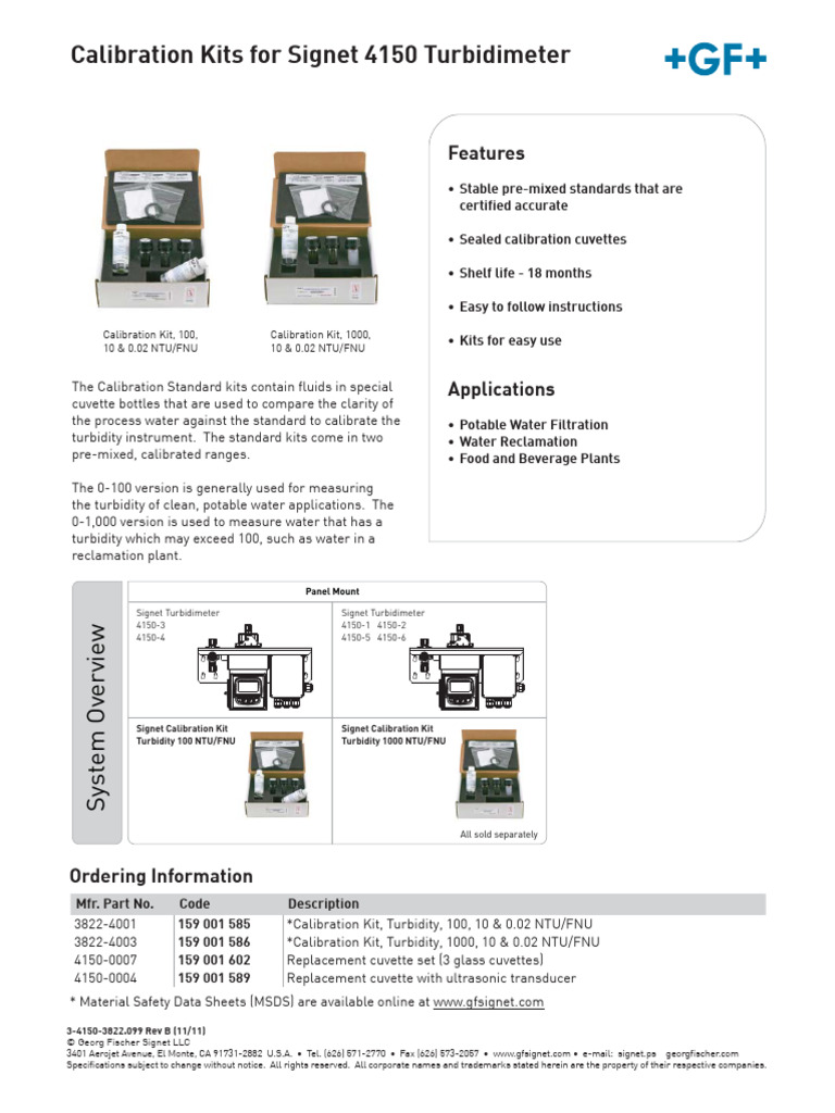 Data Sheet - Calibration Kit for 4150 Turbidimeter | PDF