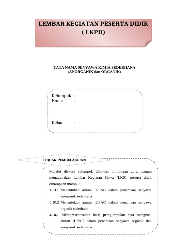 LKPD KD 3.10 Tata Nama Senyawa Kimia Sederhana | PDF